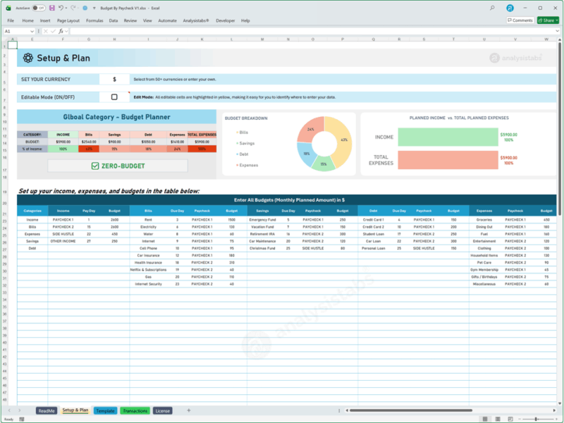 The Ultimate Budget by Paycheck Excel Template