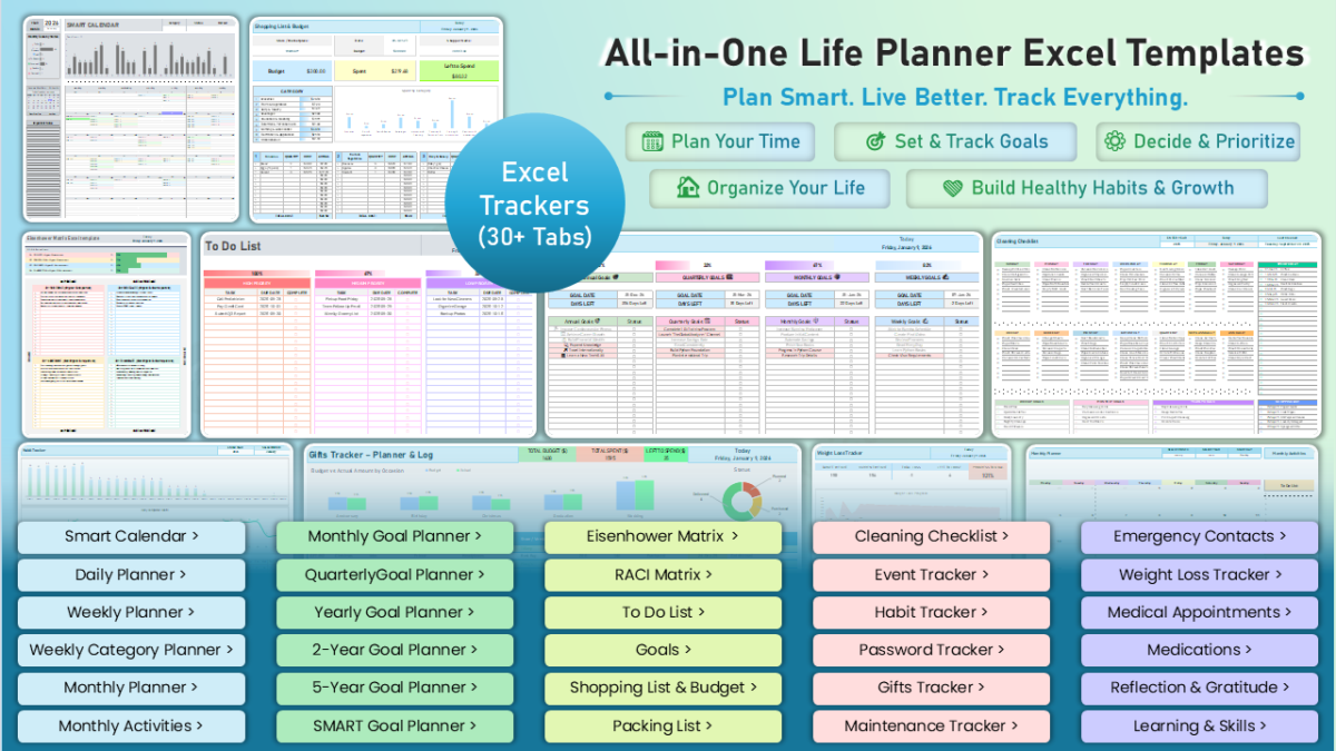 The Ultimate All-in-One Life Planner Excel Template (30+ Trackers)
